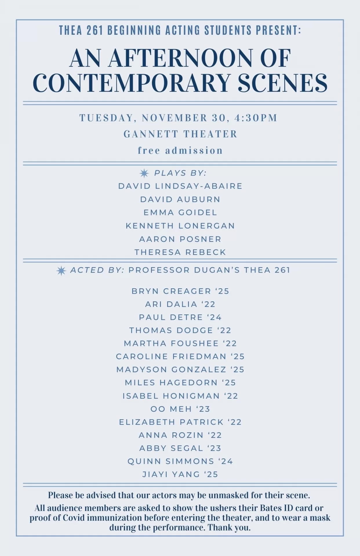 THEA 261 Beginning Acting Students Present: AN AFTERNOON OF ...